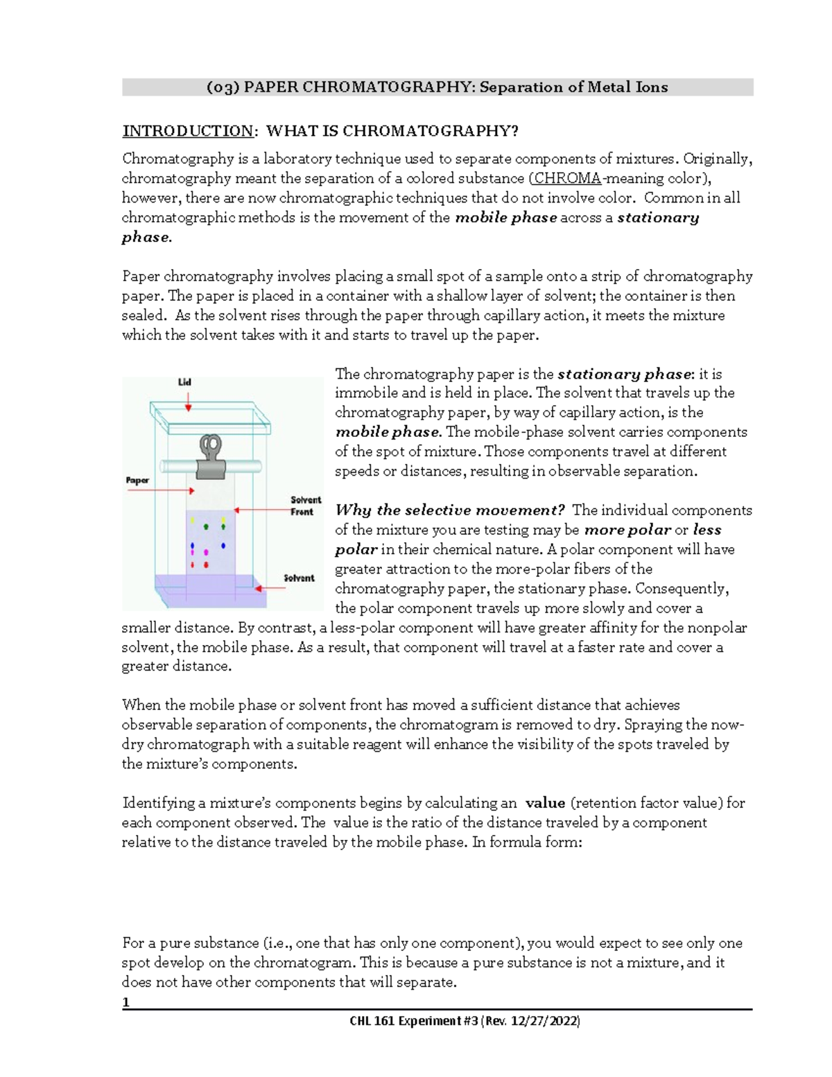 03. Paper Chromatography Lab Report: Separation of Metal Ions - Studocu
