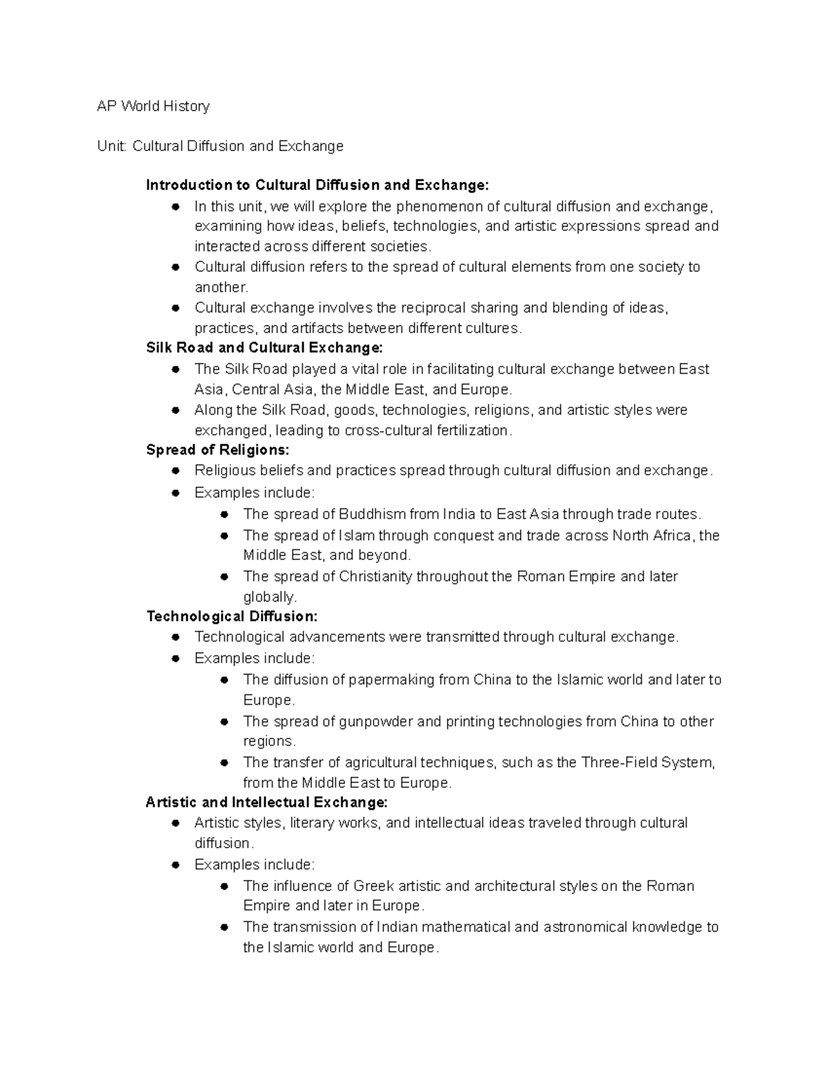 AP World History Cultural Diffusion & Exchange Unit Overview - Studocu