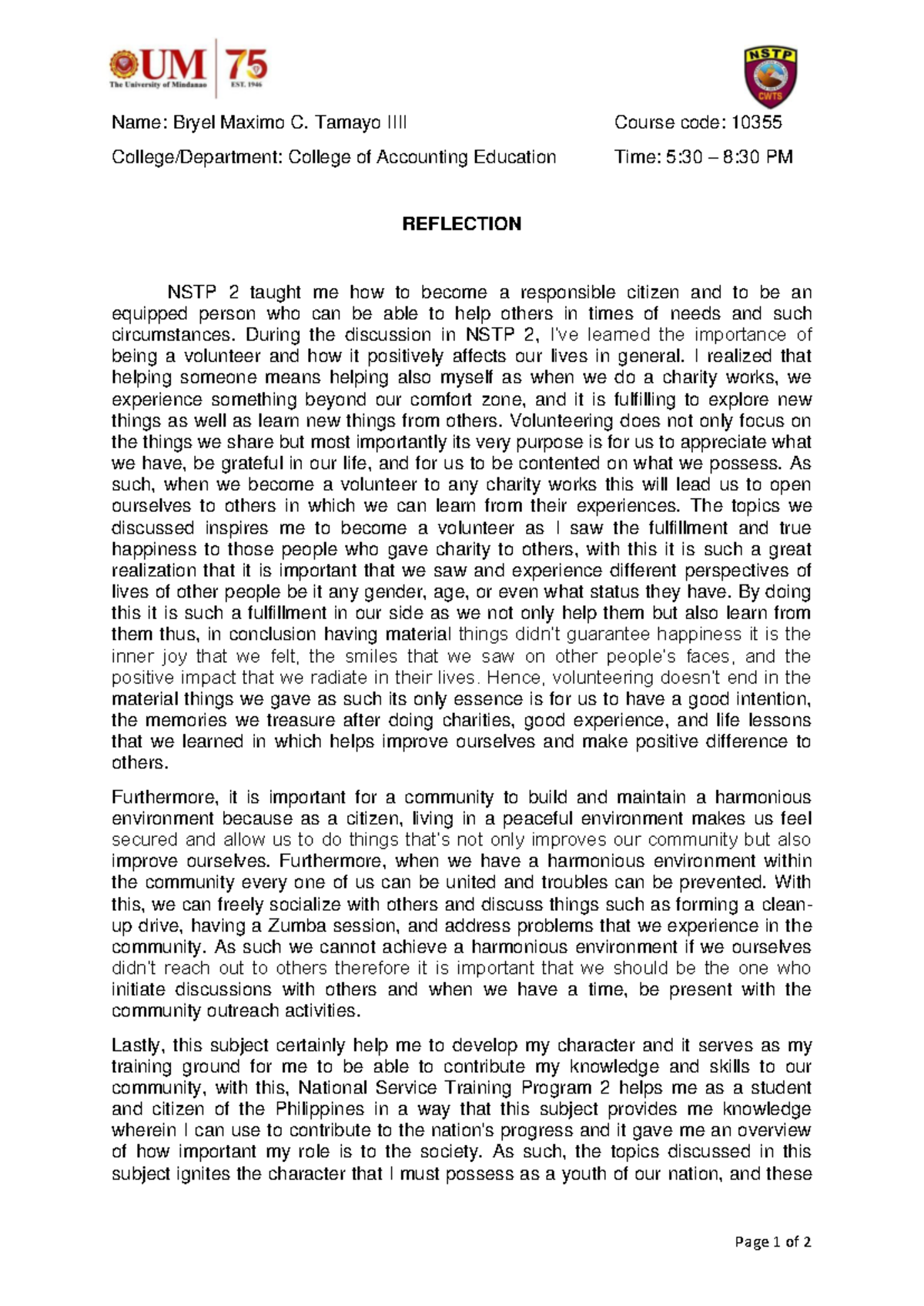NSTP Reflection - Entire learnings in NSTP1 - Page 1 of 2 Name: Bryel ...