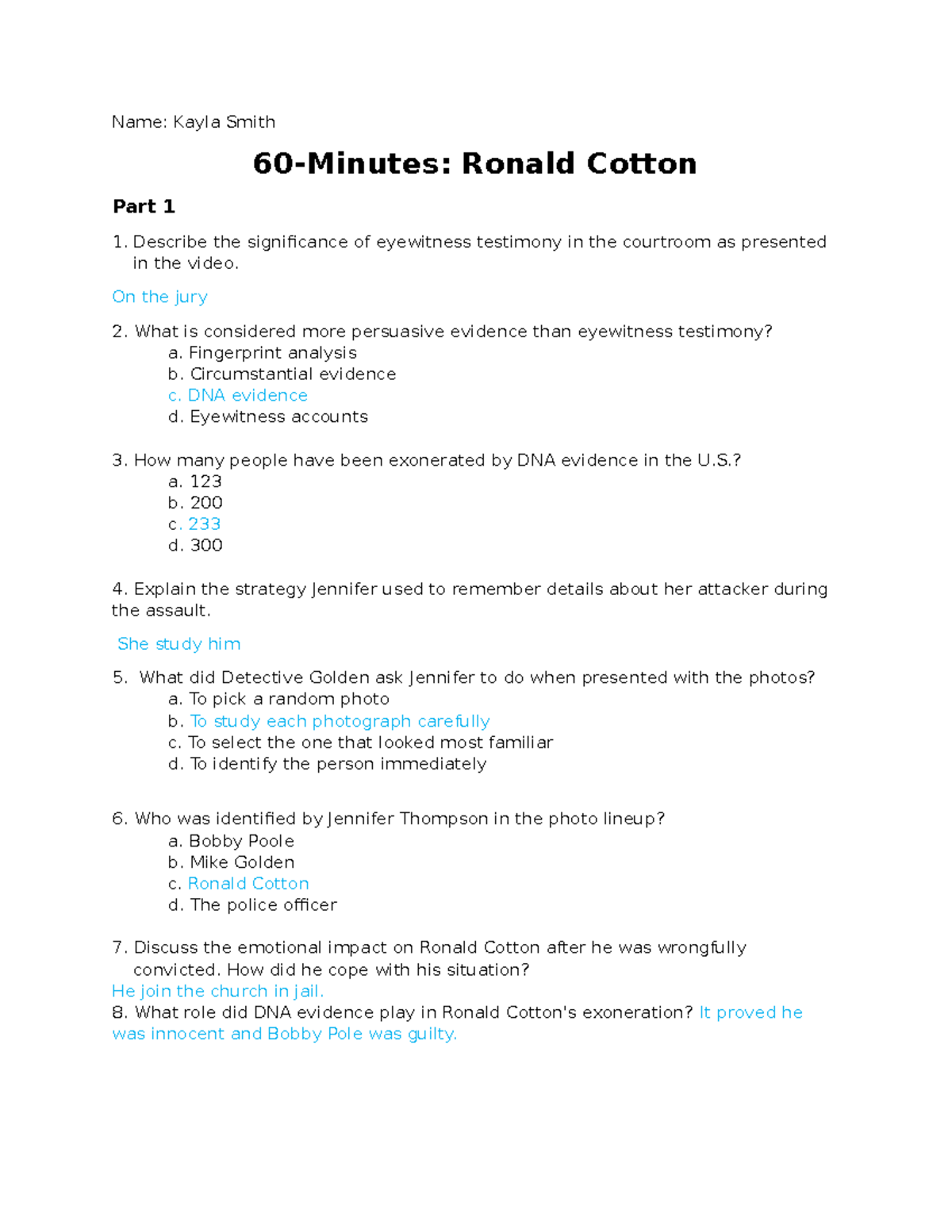 Ronald Cotton Video Questions: Eyewitness Testimony Insights - Studocu