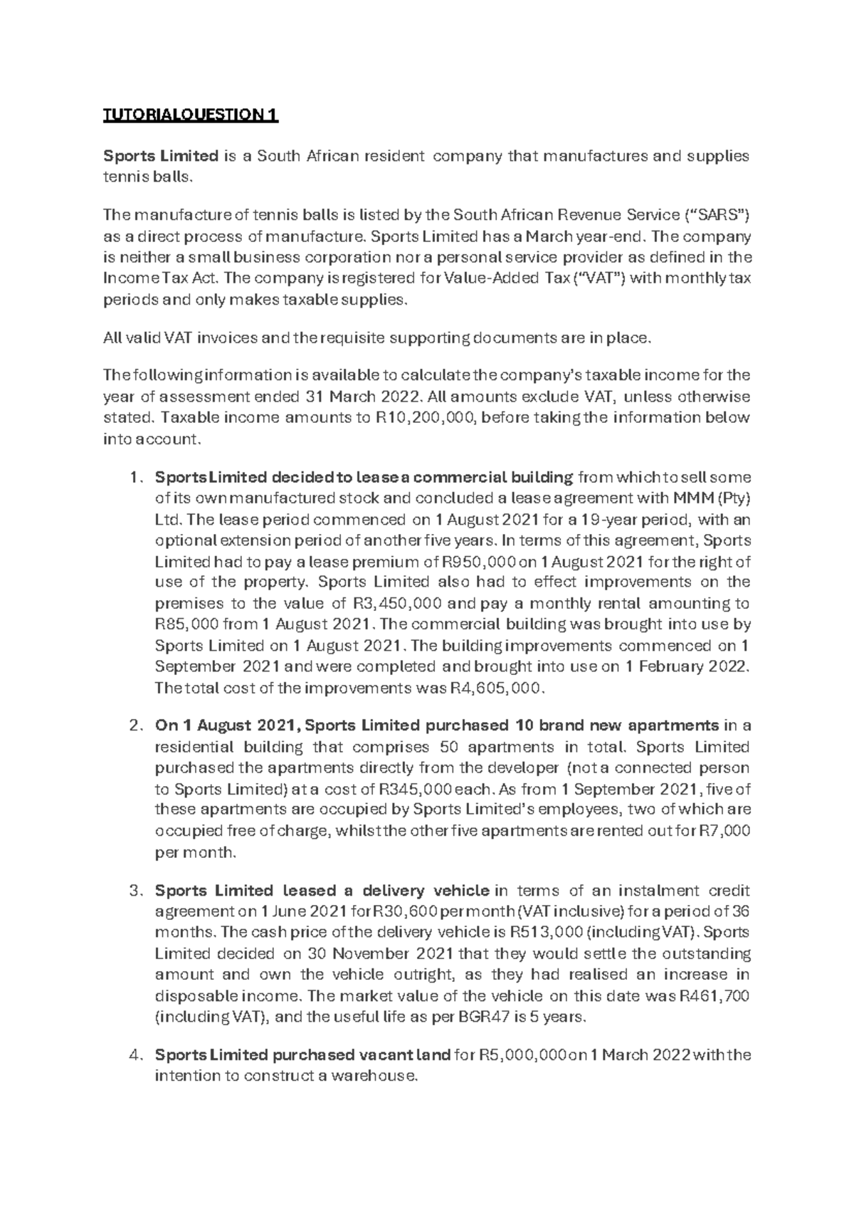Taxation for Companies: Tutorial Q1 Analysis for Sports Limited (2022 ...