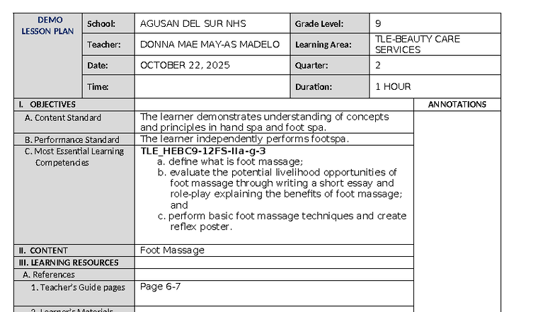 Grade 9 Lesson Plan: Foot Massage - Definition, Benefits & Materials ...