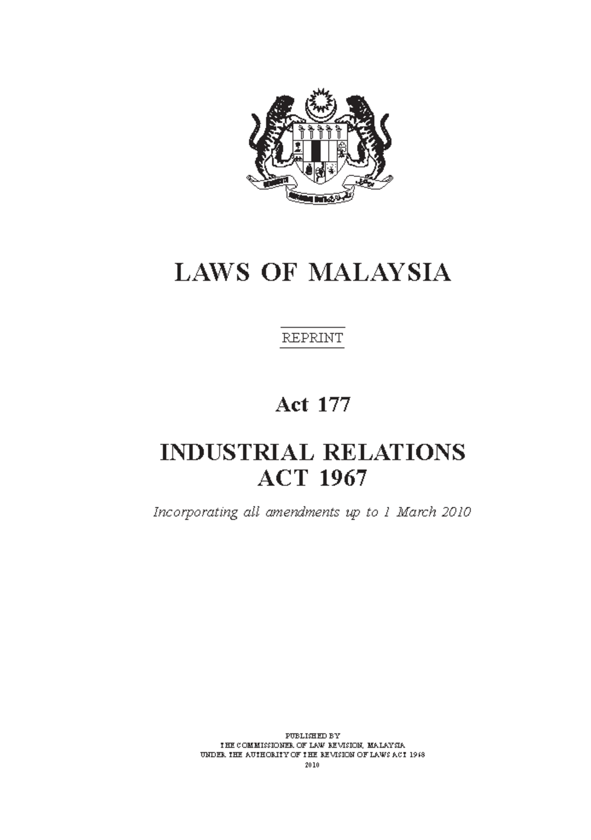 Industrial Relations Act 1967 (Act 177) - Comprehensive Overview - Studocu