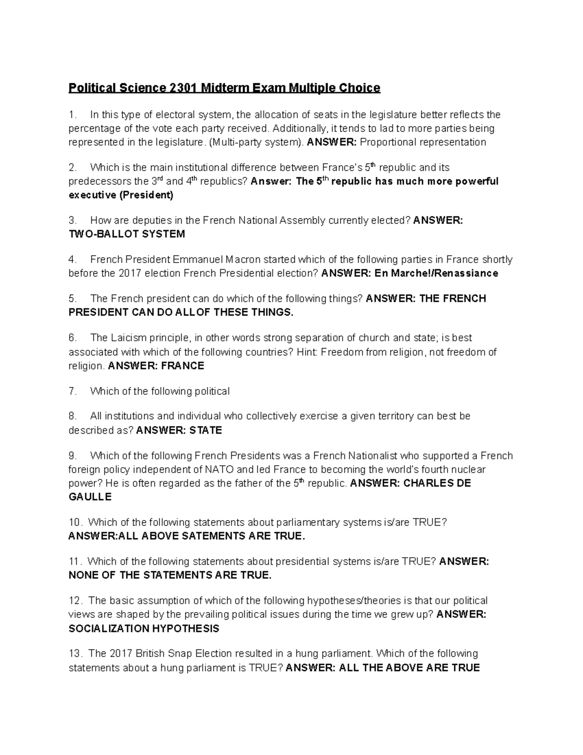 MIDTERM MULTIPLE CHOICE NOTES - Political Science 2301 Midterm Exam ...