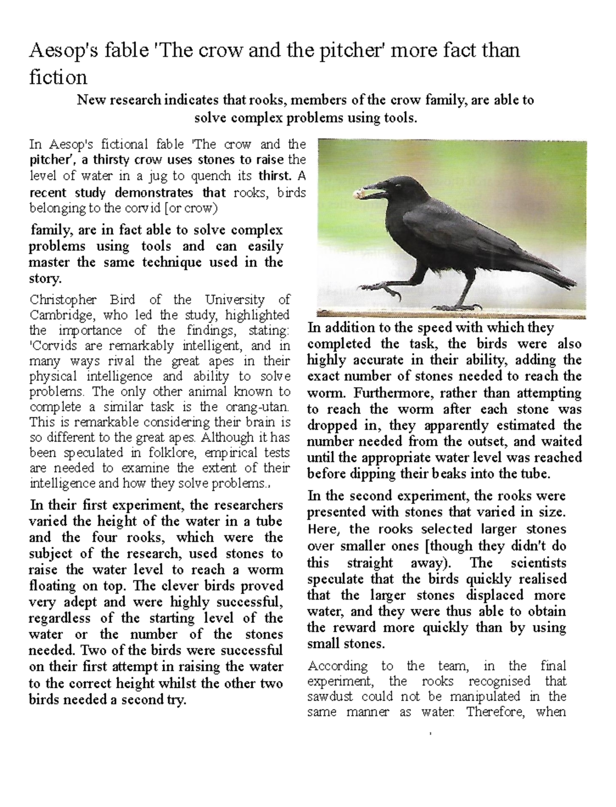 Aesop's Fable 'The Crow and the Pitcher': New Insights into Bird ...