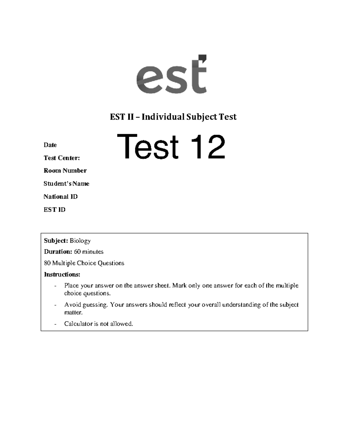 EST II Biology Individual Subject Test - January 2023 - Studocu