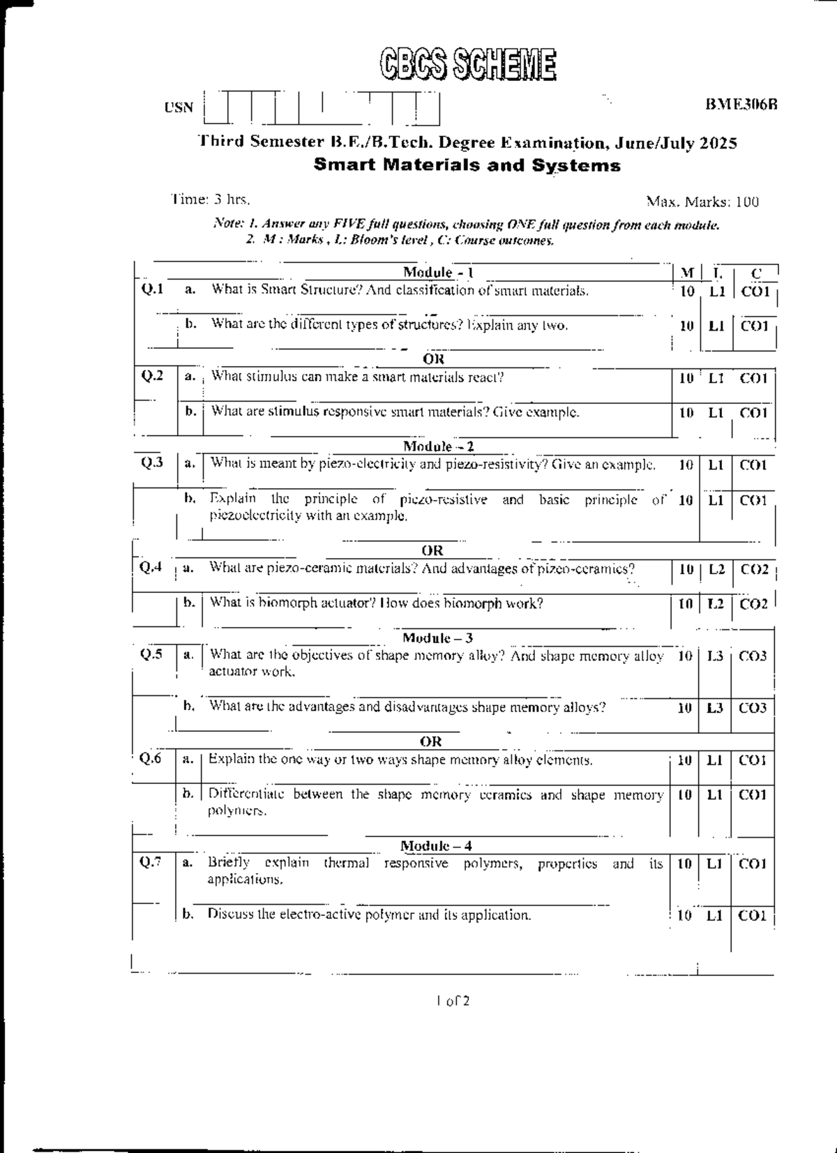 BME306B - Smart Materials and Systems Exam Guide, 2025 - Studocu