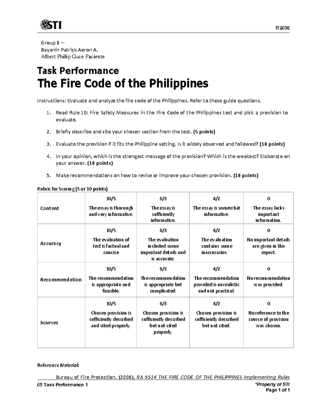 IT2036 Group 8 Task Performance: Evaluating the Fire Code of the ...