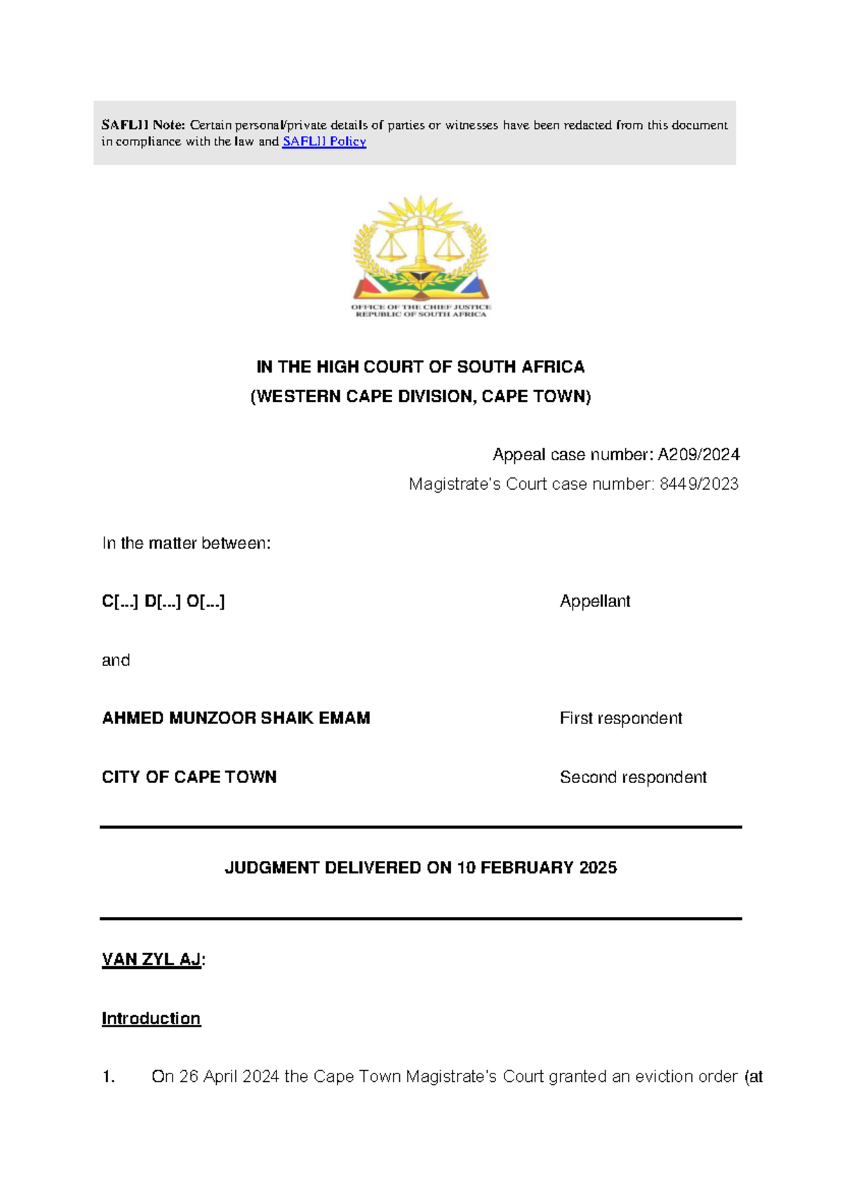 Case Study: Appeal Judgment on Eviction Order - SAFLII 2025 - Studocu