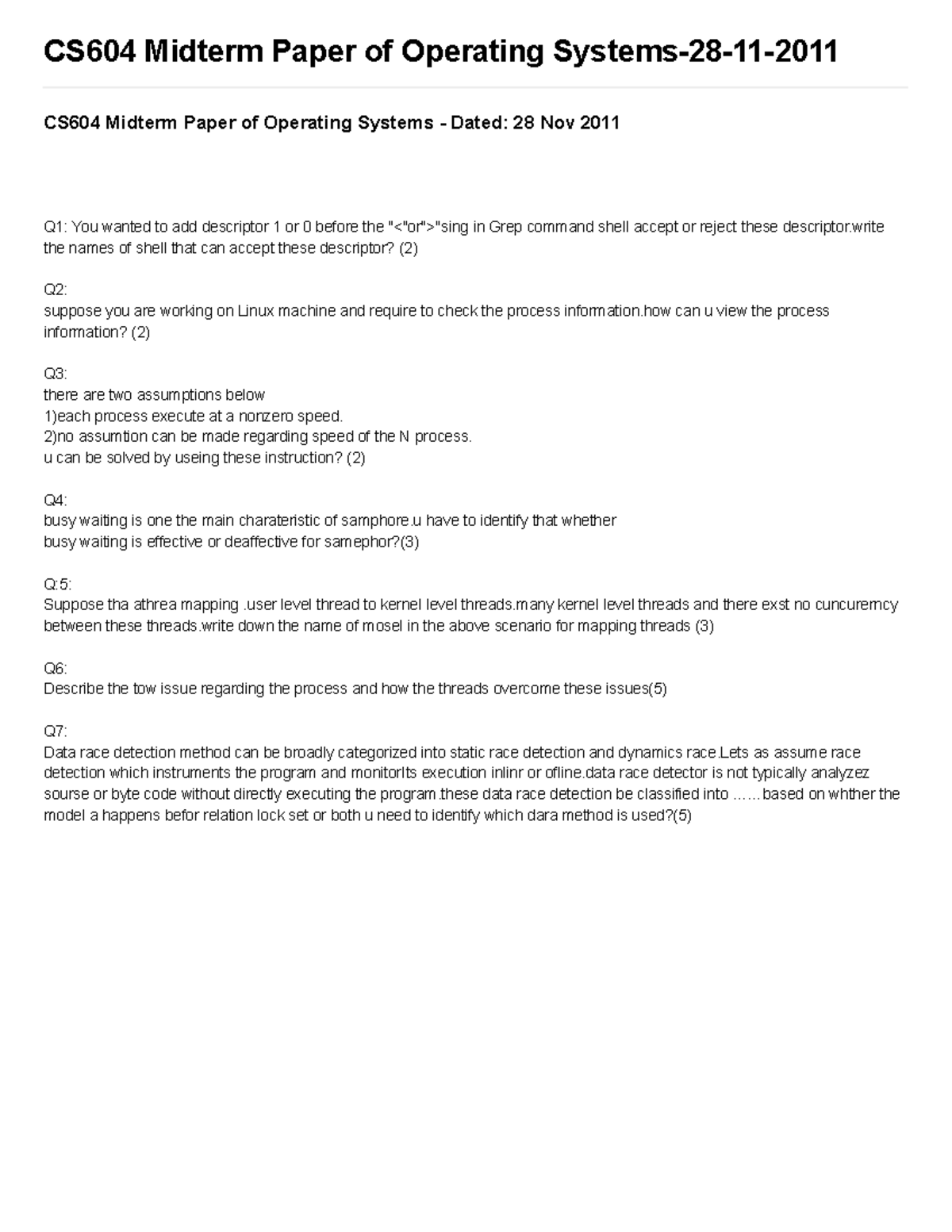 CS604 Midterm Exam: Operating Systems Questions & Answers - Studocu