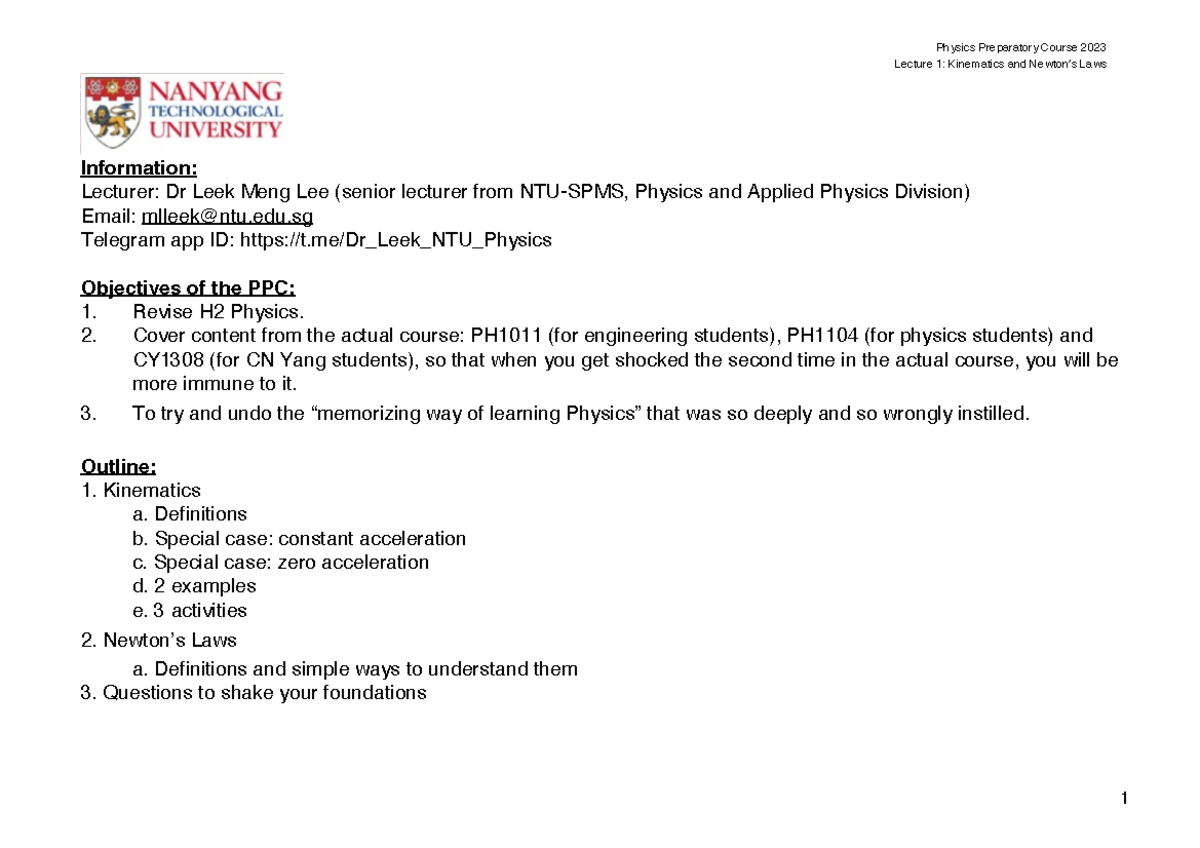 PH1011 Physics Refresher: Lesson 1 - Kinematics & Newton’s Laws - Studocu