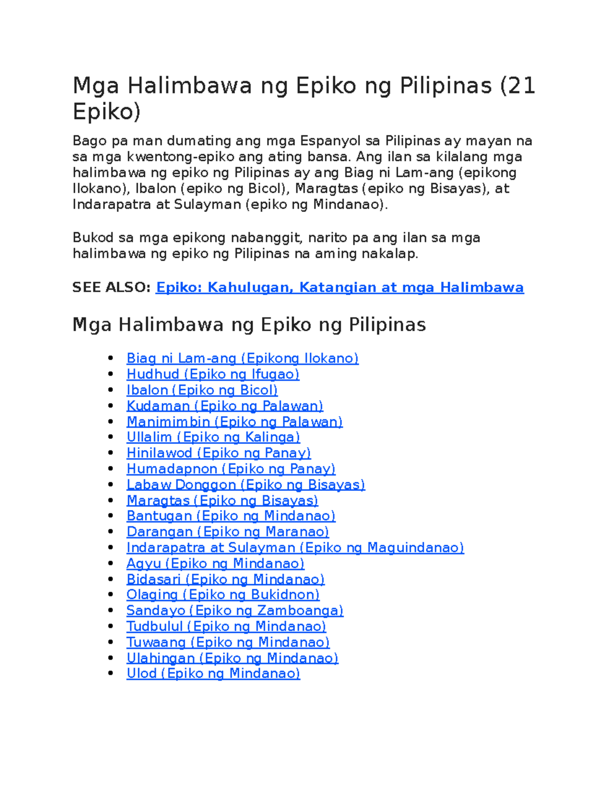 Halimbawa Ng Epiko At Ang Buod Nito Mga Halimbawa NG Epiko | PDF
