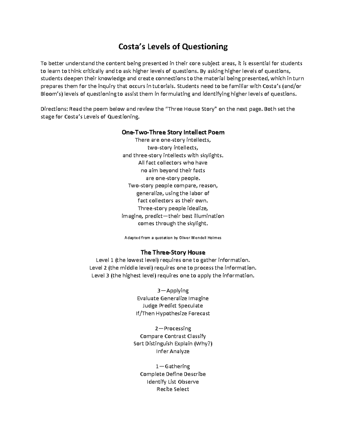 Costas - Costa’s Levels of Questioning To better understand the content ...
