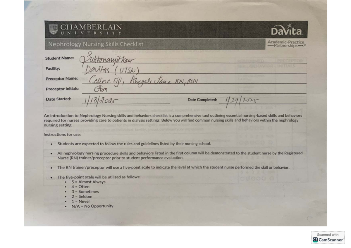 Nephrology Nursing Skills Checklist (NURS 101) - DaVita Evaluation ...