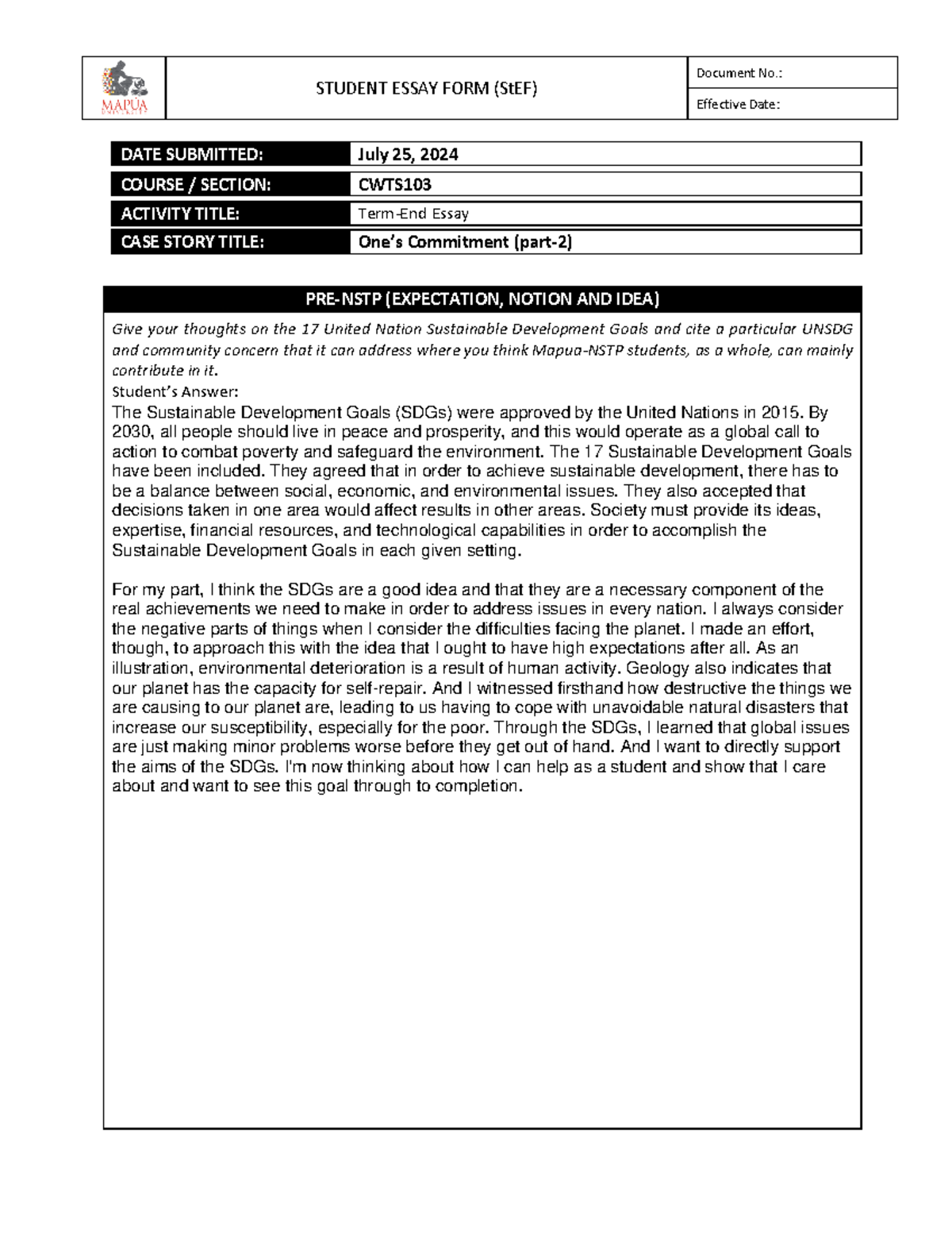 CWTS10 3 - Term-End Essay on Sustainable Development Goals - Studocu