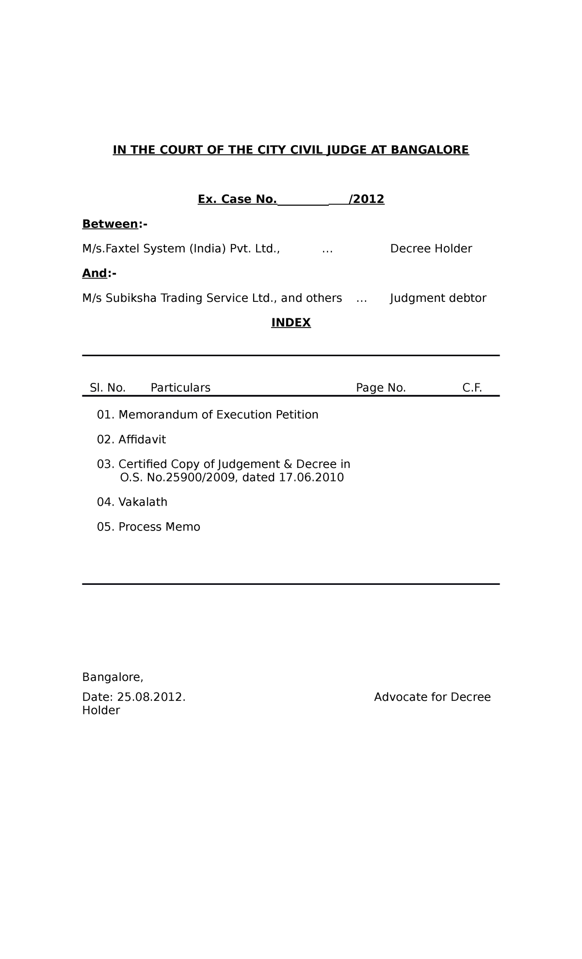 Execution Petition - DPC format - IN THE COURT OF THE CITY CIVIL JUDGE ...