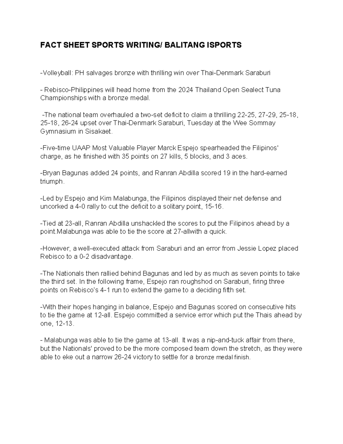 FACT Sheet: Volleyball Highlights - PH Wins Bronze vs Thai-Denmark ...