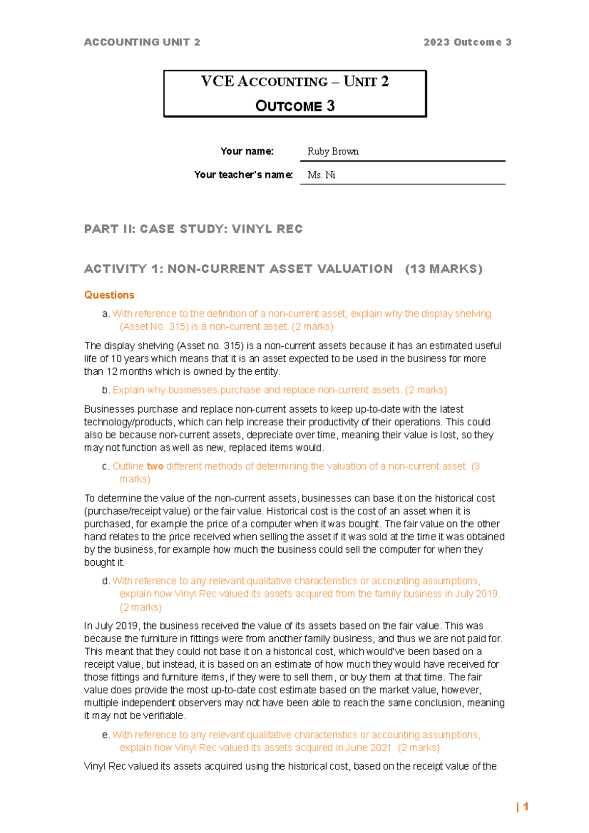 VCE Accounting Unit 2 SAC 3: Case Study on Non-Current Asset Valuation ...