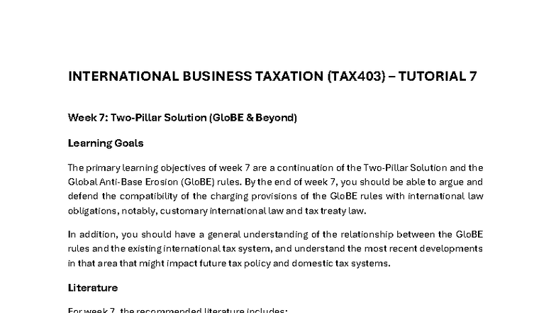 International Business Taxation (TAX403) – Tutorial 7: GloBE Rules ...