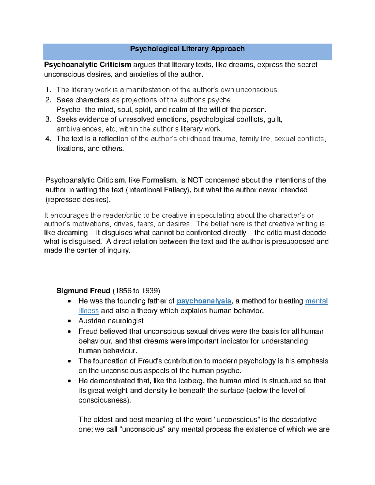 Psychoanalytic Criticism in Literature: Analyzing the Unconscious - Studocu