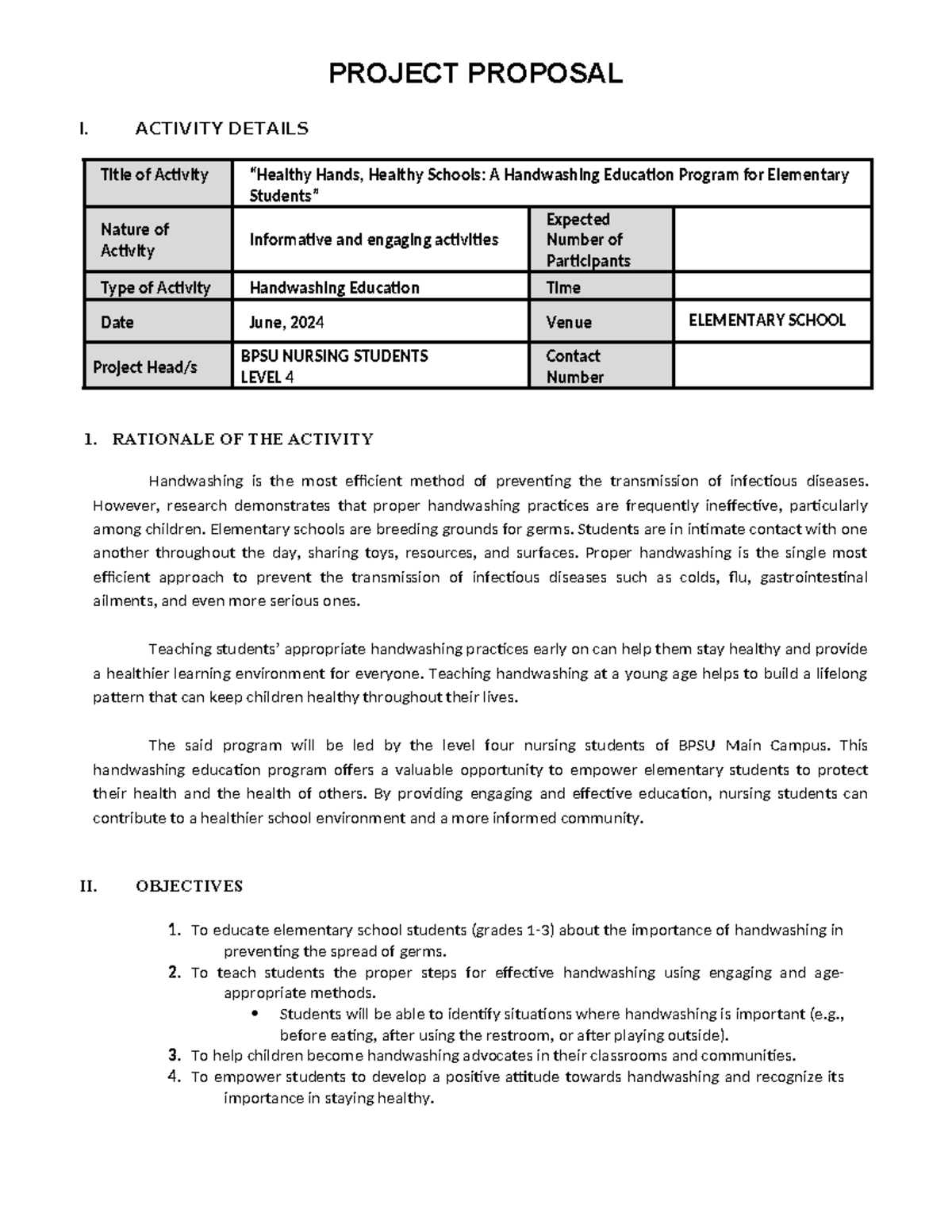 BPSU Nursing Level 4 Project Proposal: Healthy Hands, Healthy Schools ...