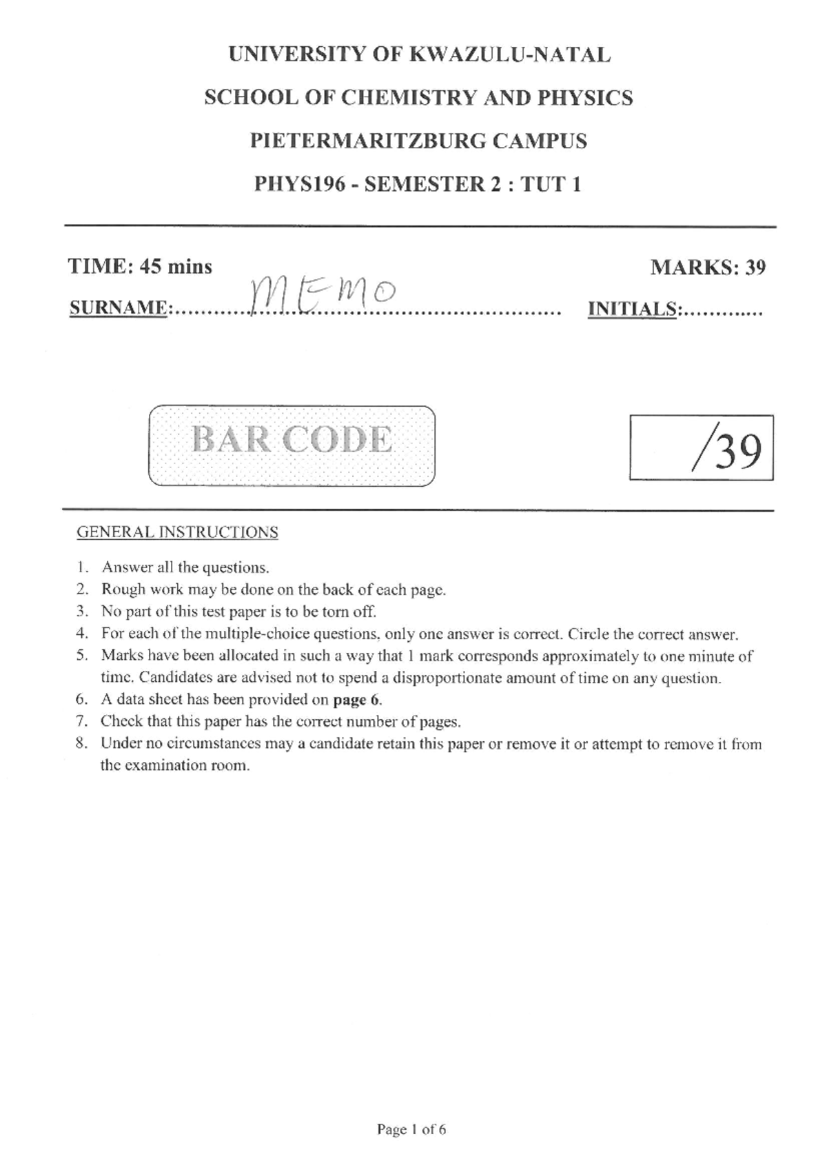 PHYS196 Semester 2 Tutorial 1 Memo 2025 - Studocu