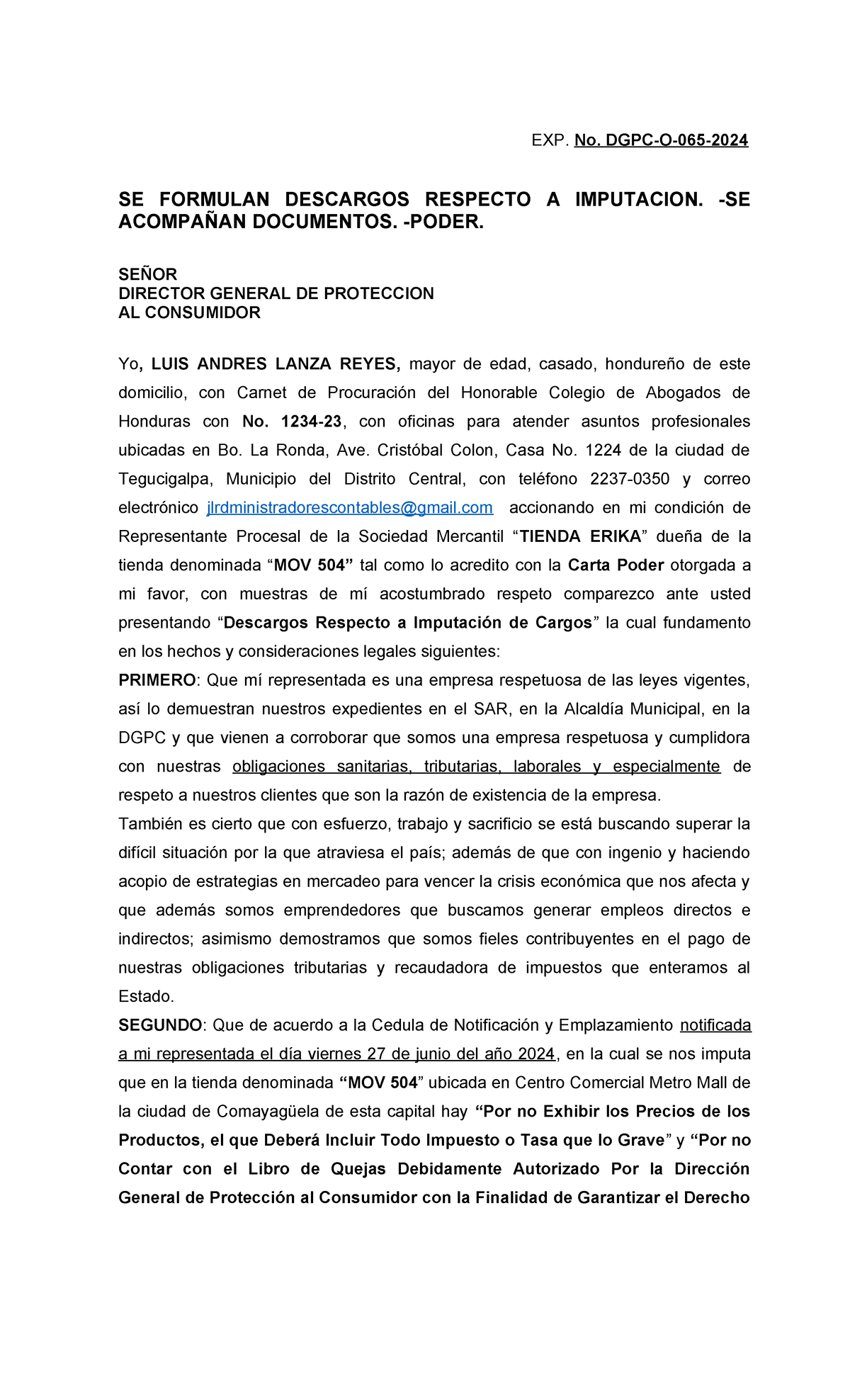 Caso MOV 504 - Descargos sobre Imputación a la DGPC - Studocu