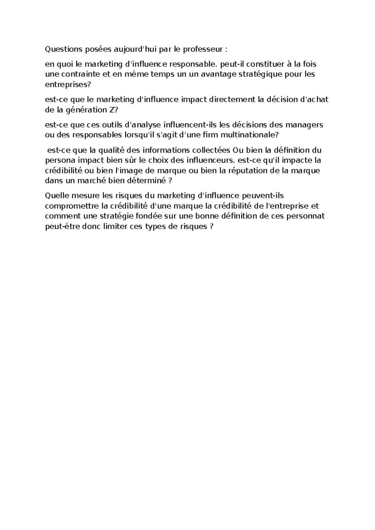 Questions posées par le professeur : Marketing Responsable et Stratégie ...