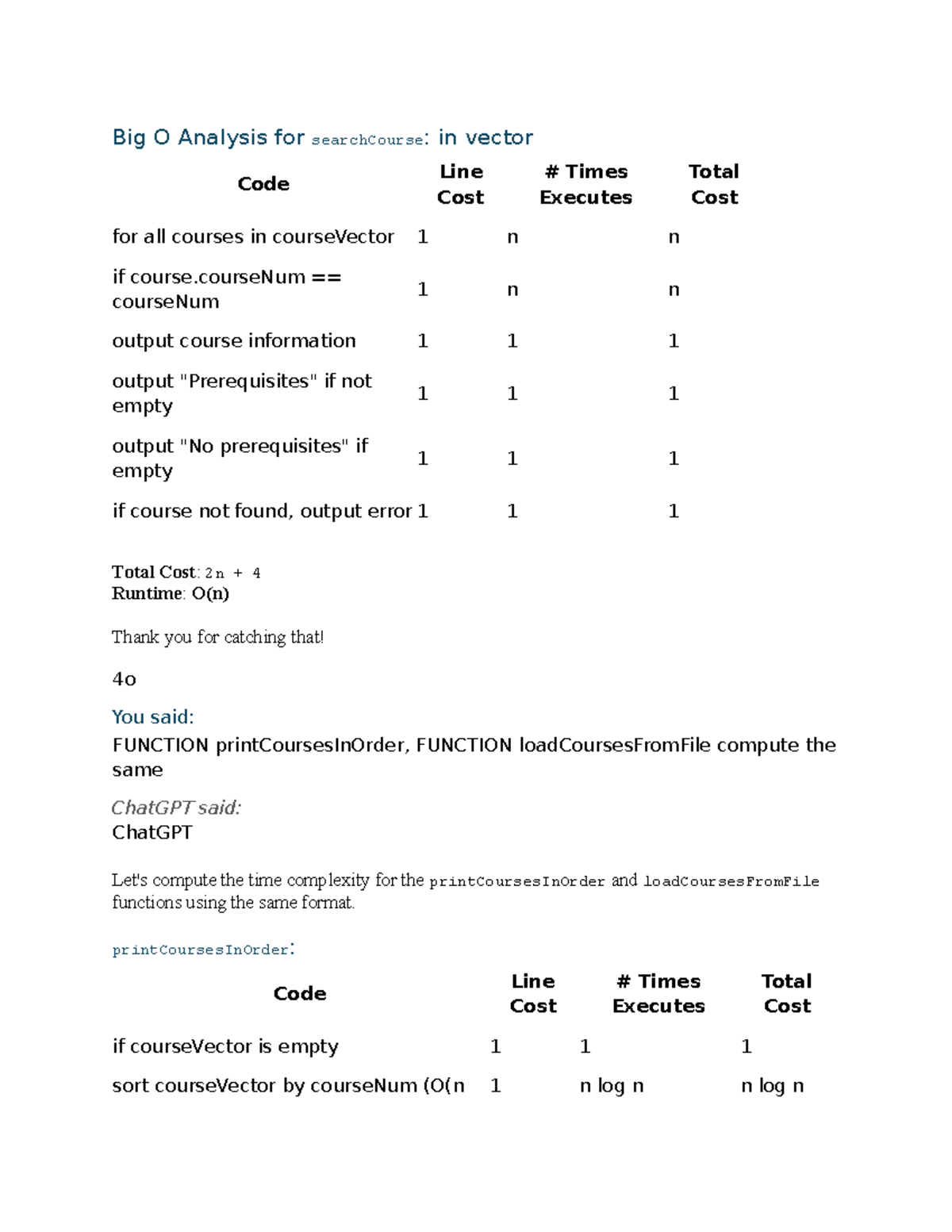 Big O Analysis for Course Data Structures: Vector, Hash Table, and Tree ...