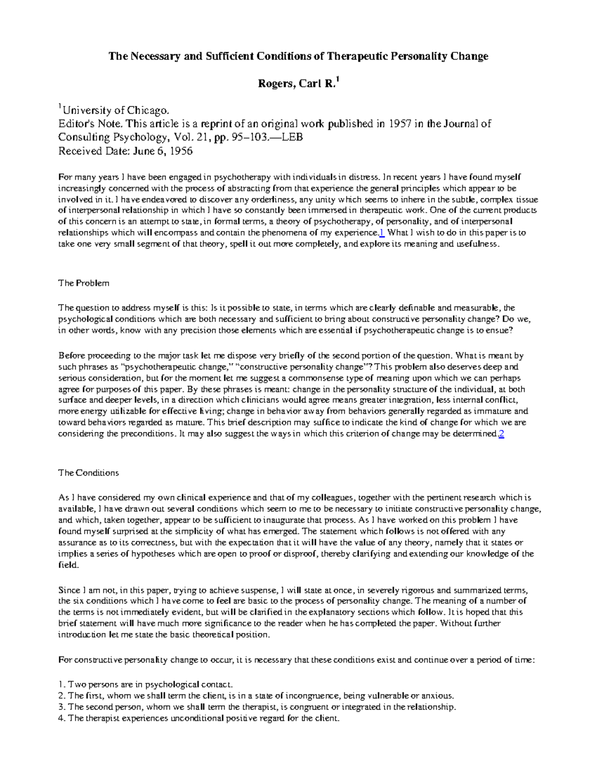 PSY 101: Necessary & Sufficient Conditions for Therapeutic Change - Studocu