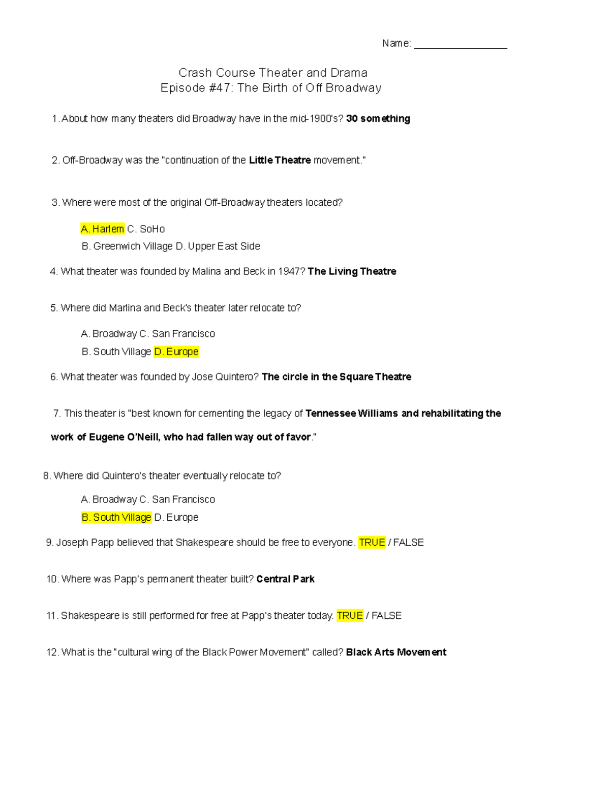 Crash Course Episode #47 - Name: _________________ Crash Course Theater ...