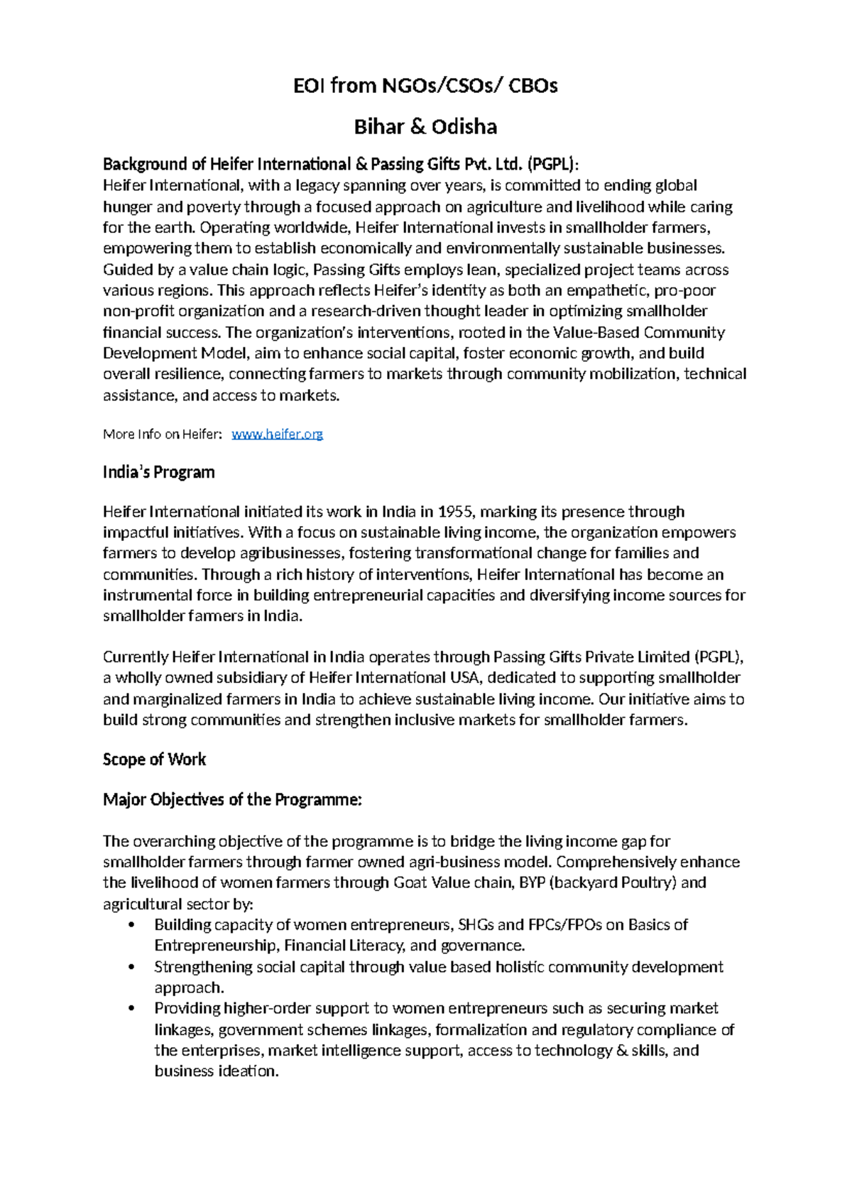 EOI-Selection of NGOs for Bihar & Odisha: Heifer International's ...