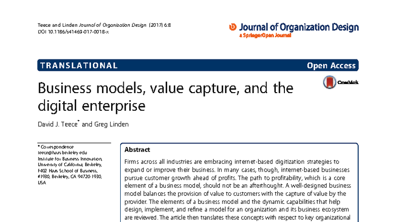 Business Models and Value Capture in the Digital Enterprise (BUS 101 ...