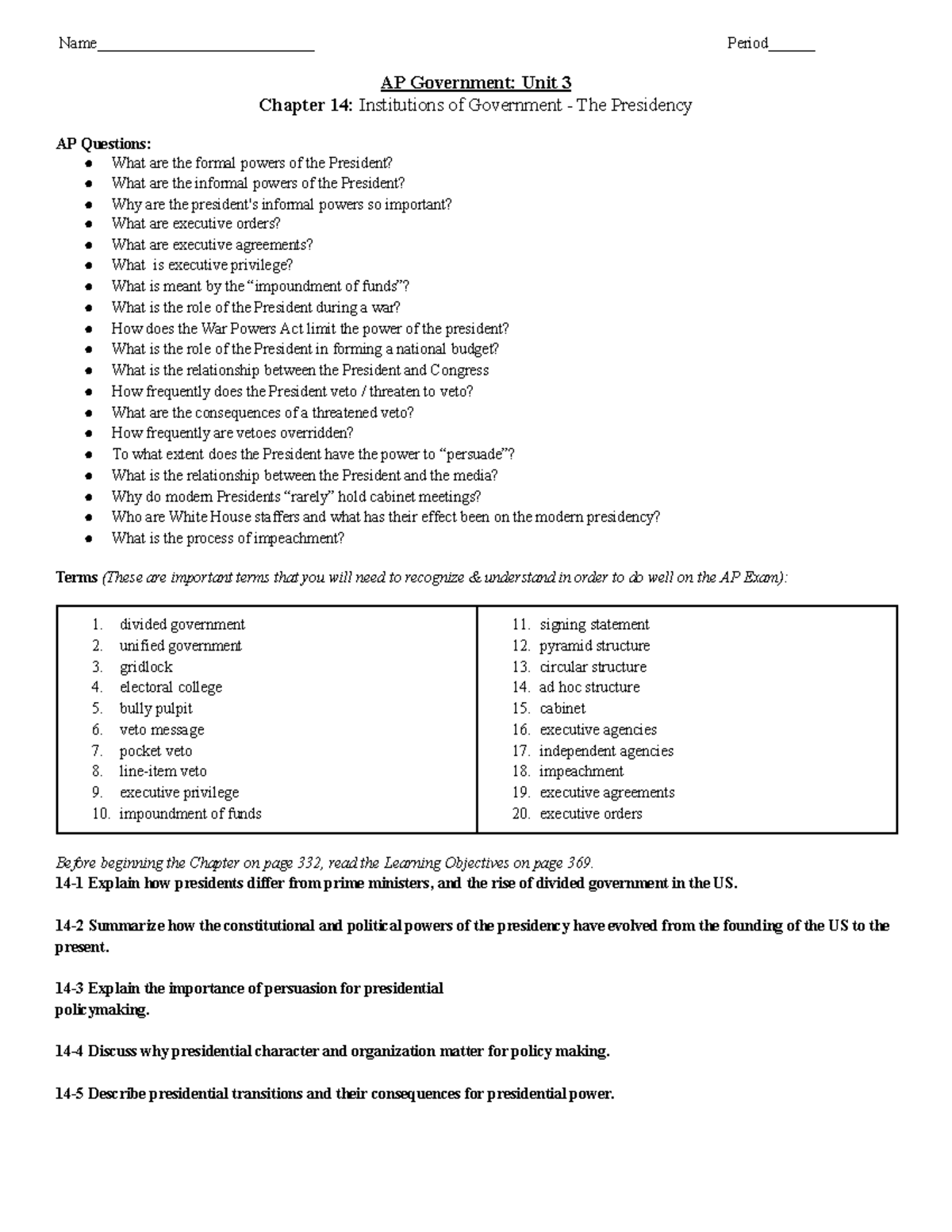 AP Government: Unit 3 Chap 14 - The Presidency & Key Concepts - Studocu