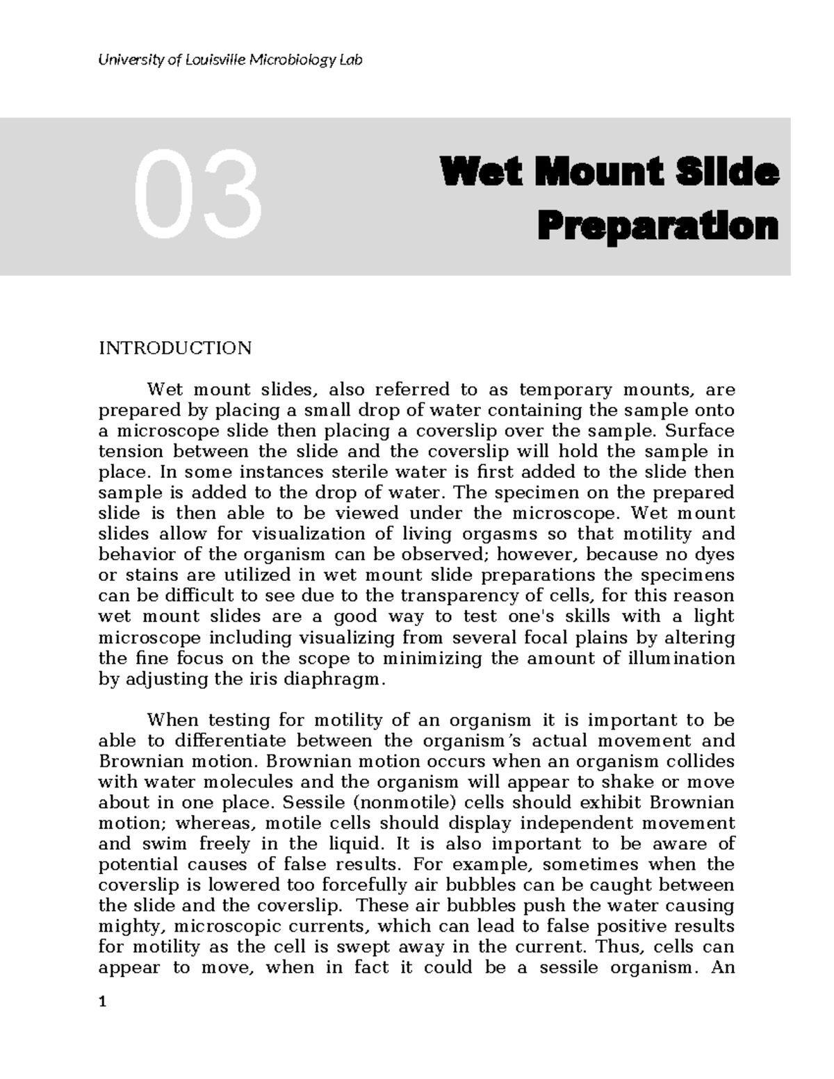 Microbiology Lab 03: Wet Mount Slide Prep & Analysis - Studocu