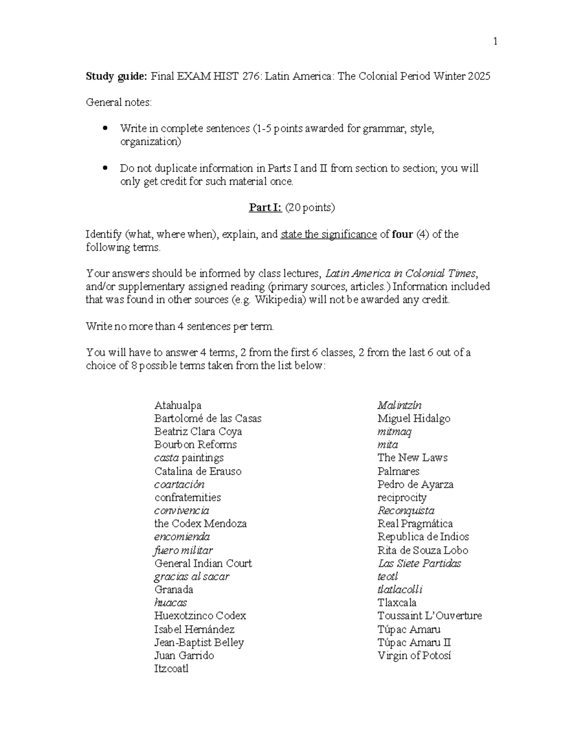 Final Exam Study Guide: HIST 276 - Latin America Colonial Period - Studocu