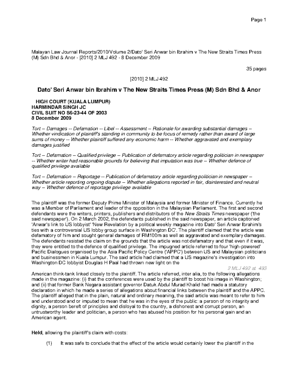 Case Study: Dato Seri Anwar bin Ibrahim v The New Straits Times Press (M) Sdn - Studocu