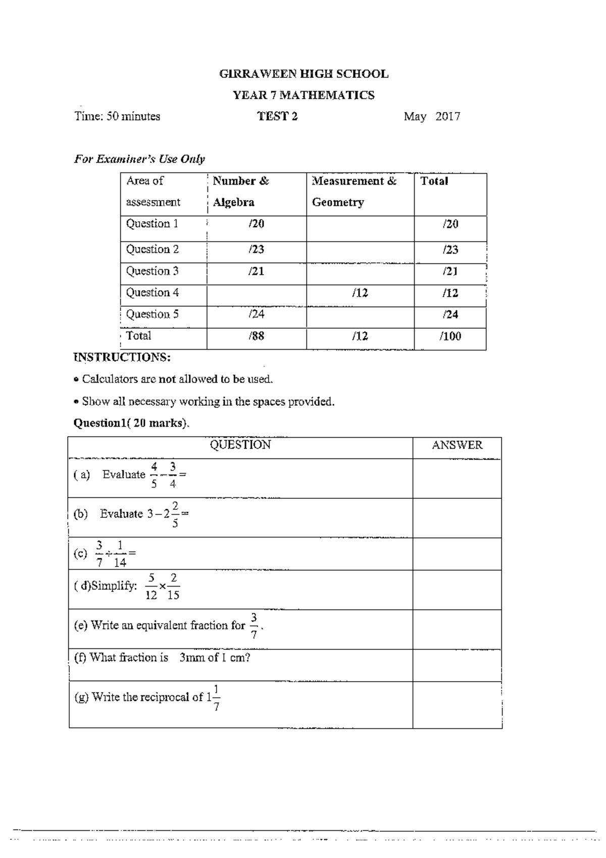 GHS Year 7 Mathematics Test 2 - May 2017 (50 min) - Studocu