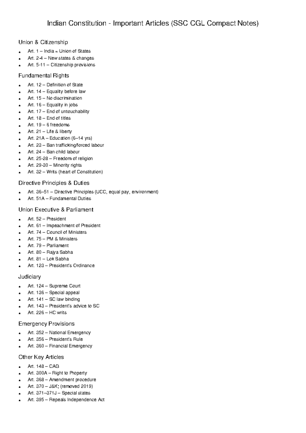 Indian Constitution Articles Overview (SSC CGL Compact Notes) - Studocu