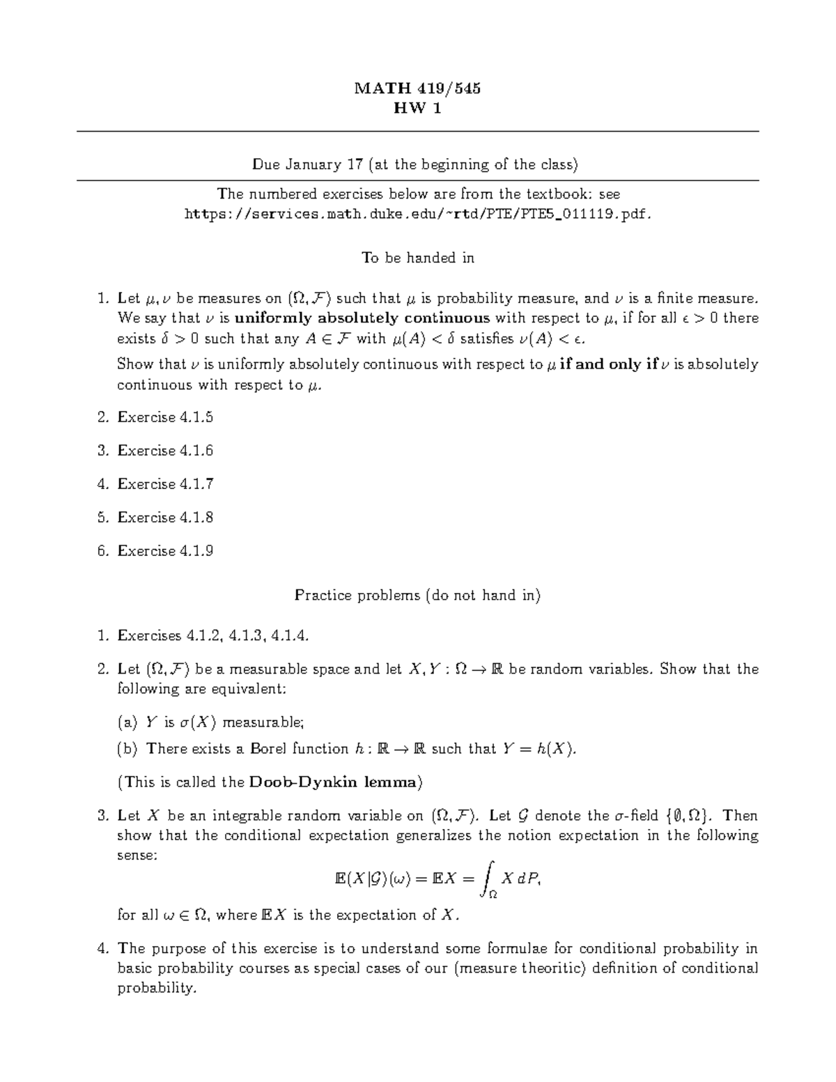 MATH HW 1: Uniform Absolute Continuity & Conditional Expectation - Studocu