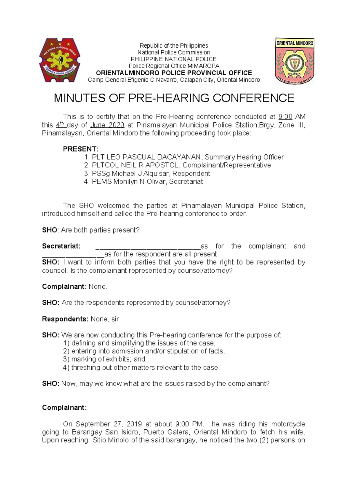 Pre-Hearing Conference Minutes: PSSg Alquisar Case (June 2020) - Studocu