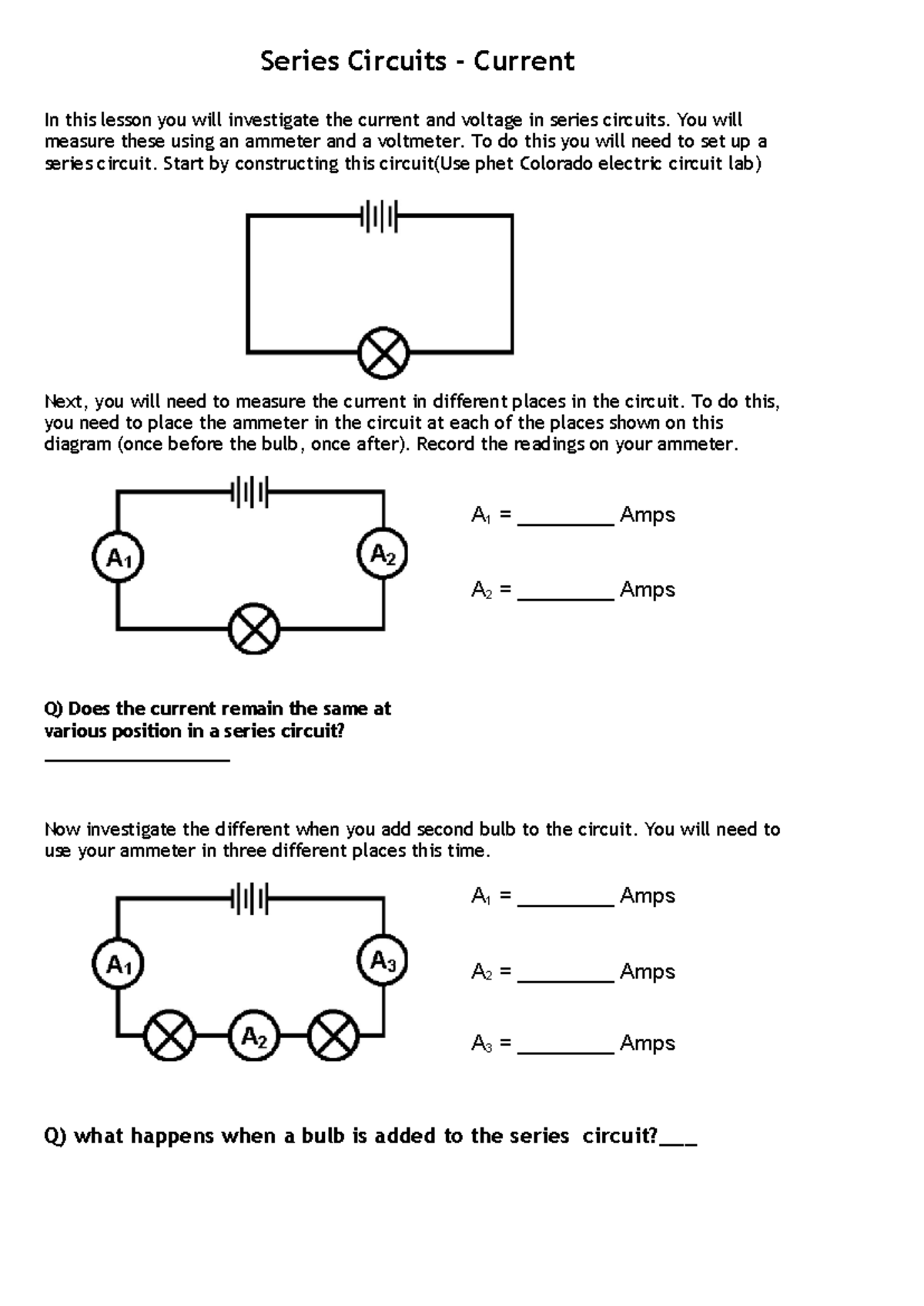 Task Sheet: Series Circuits Current Measurement (Lab) - Studocu