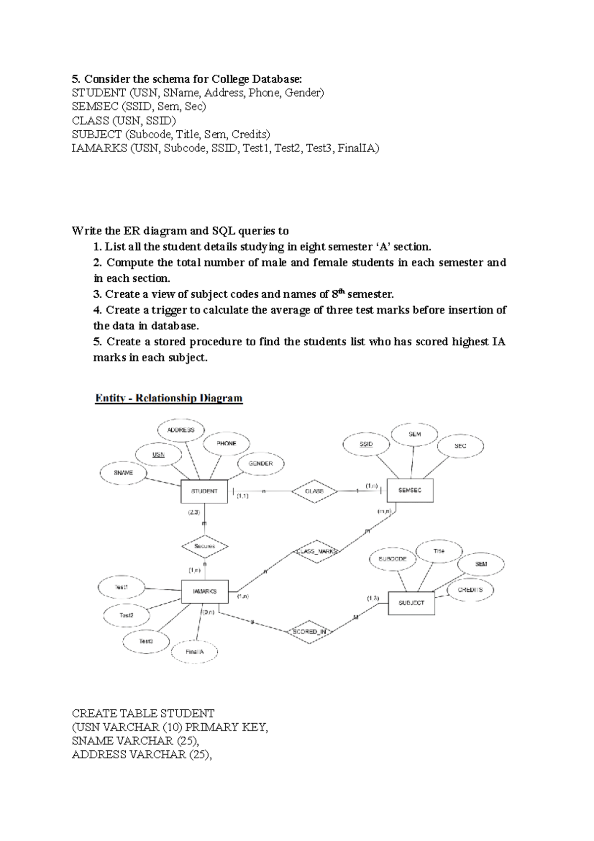 Experiment 5: SQL Queries and ER Diagram for College Database - Studocu