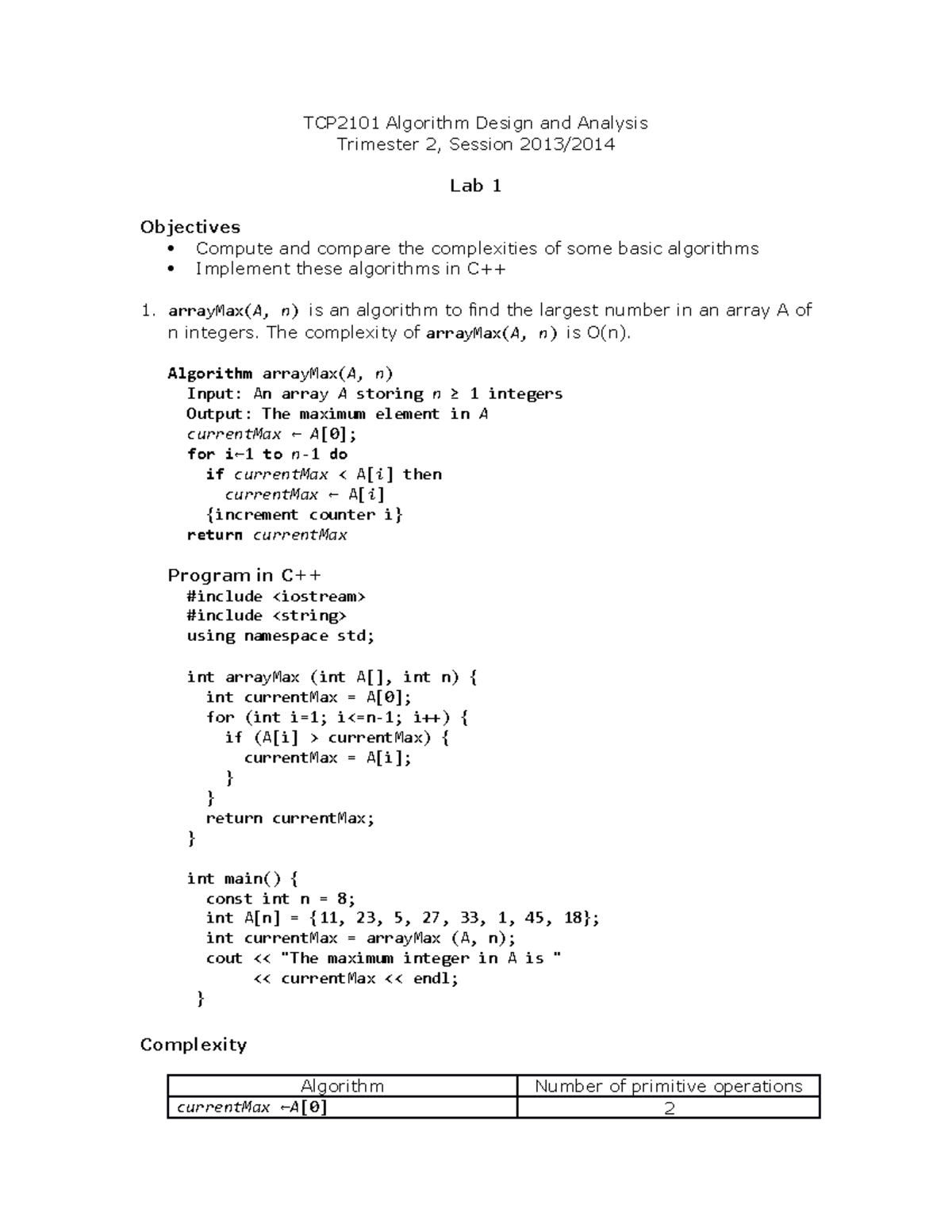 Lab01 Analysis of Algorithms Sol - TCP2101 Algorithm Design and ...