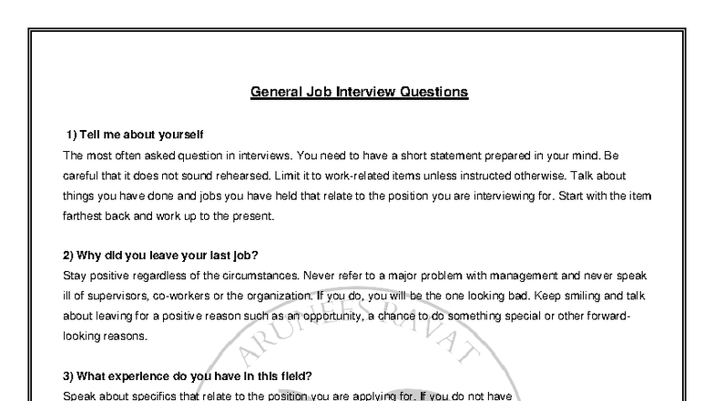 General Job Interview Questions: Key Insights and Tips - Studocu