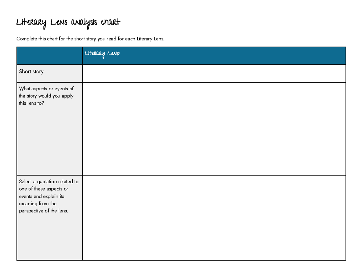 1D Literary Lens Analysis Chart for Short Story Analysis - Studocu