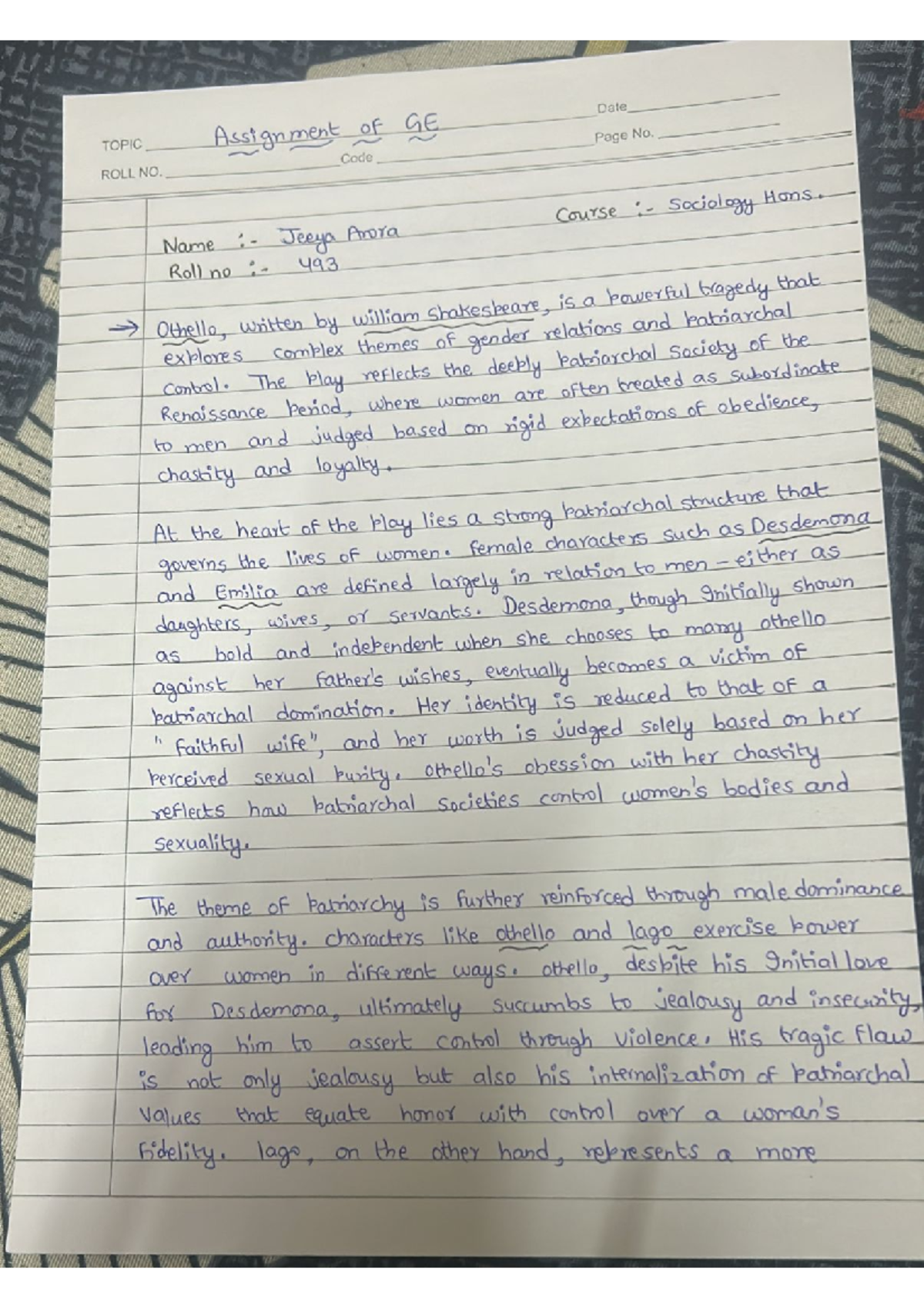 Sociology Hons. GE - Othello: Patriarchy and Gender Roles Analysis ...