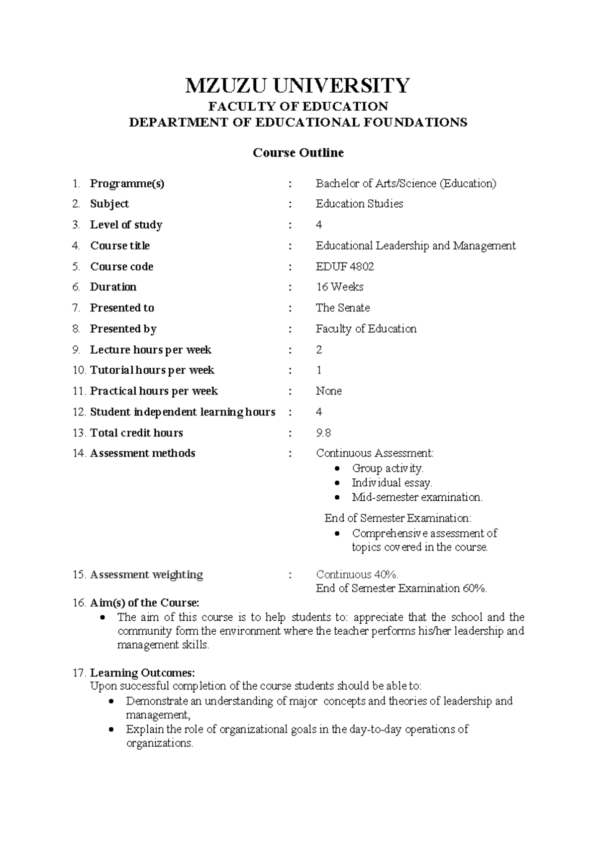 EDUF 4802 Course Outline: Educational Leadership and Management - Studocu