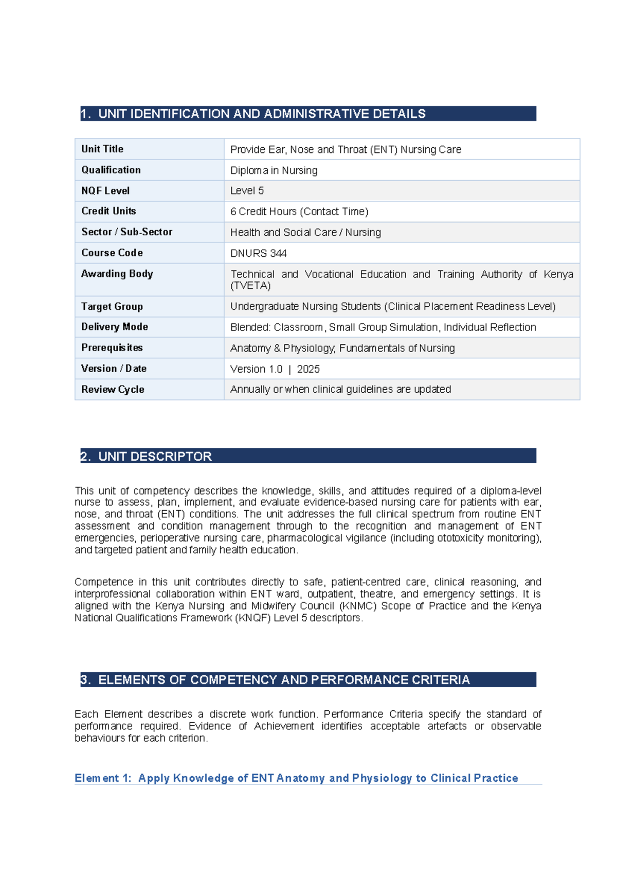 DNURS 344: ENT Nursing Care Unit Competency Overview - Studocu