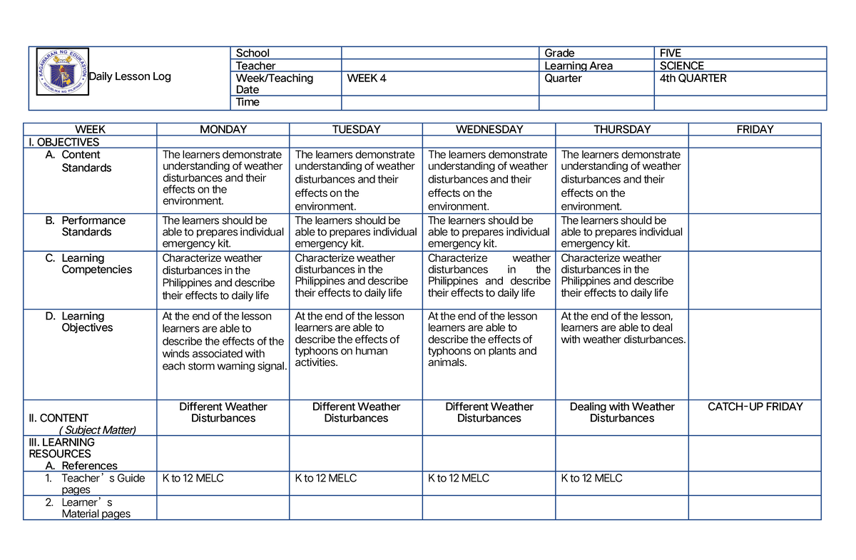 WEEK 4 Daily Lesson Log: Understanding Weather Disturbances in Science ...